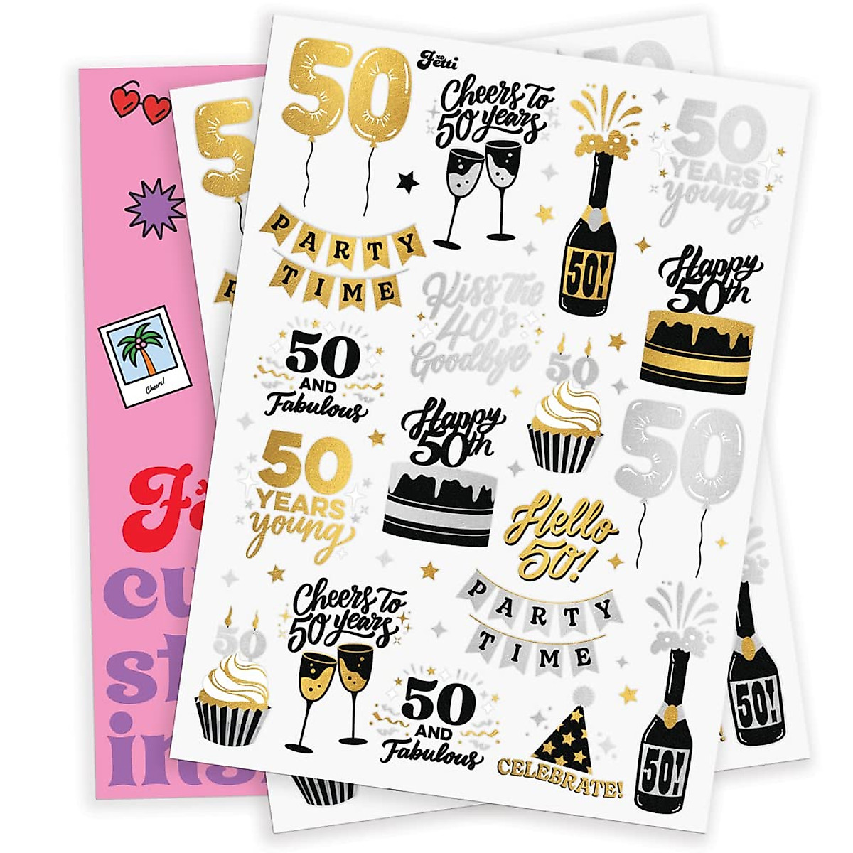 xo, Fetti 50th Birthday Party Decorations 50 and Fabulous Temporary Tattoos - 38 styles | Gold + Silver Foil Fifty Birthday Gift, Birthday Girl