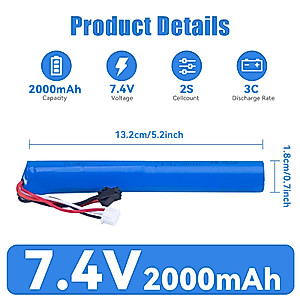 OooSure 2 pcs 7.4V Batteries 2000mAh for SRB1200 SRB400 SRB400-SUB MP5K M4 M110 for Hobby Remote App Controlled Vehicle Water Bead Blaster Airsoft Gun with 2S USB Charger and Mini Tamiya Switch Cable