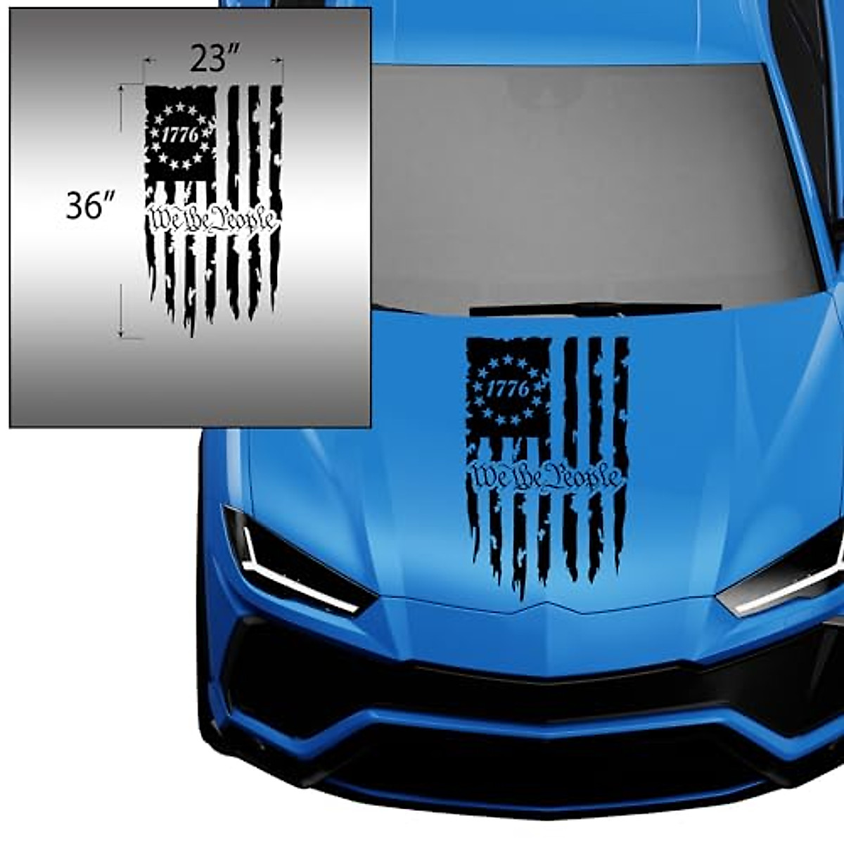 We The People Betsy Ross Flag 1776 Distressed American USA US Flag Hood Vinyl Decal Sticker Preamble of The US Constitution fits Most Pickup Trucks (23" x 36", Matte Black)