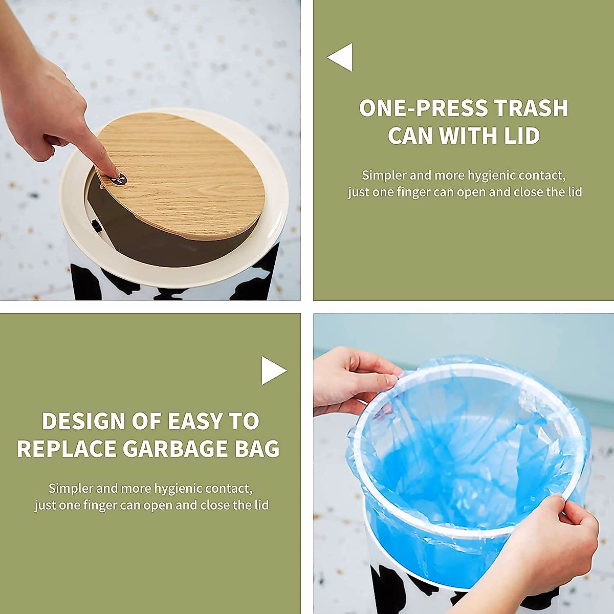 IBPNKFAZ89 Small Trash Can with Lid Cow Skin Imitation Seamless Print Realistic Texture of Animals Black Garbage Bin Wood Waste Bin Press Cover Round Wastebasket for Bathroom Bedroom Office Kitchen