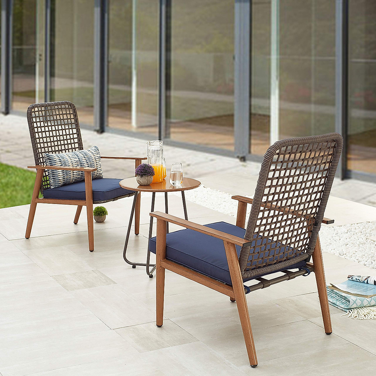 LOKATSE HOME Outdoor Patio 3 Piece Conversation Set Wicker Furniture 2 Cushioned Chairs and Side Table Modern Style, Blue