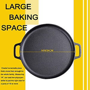 Max K 14-Inch Pizza Pan with Handles - Preseasoned Cast Iron Cooking Pan for Baking, Roasting, Frying - Black
