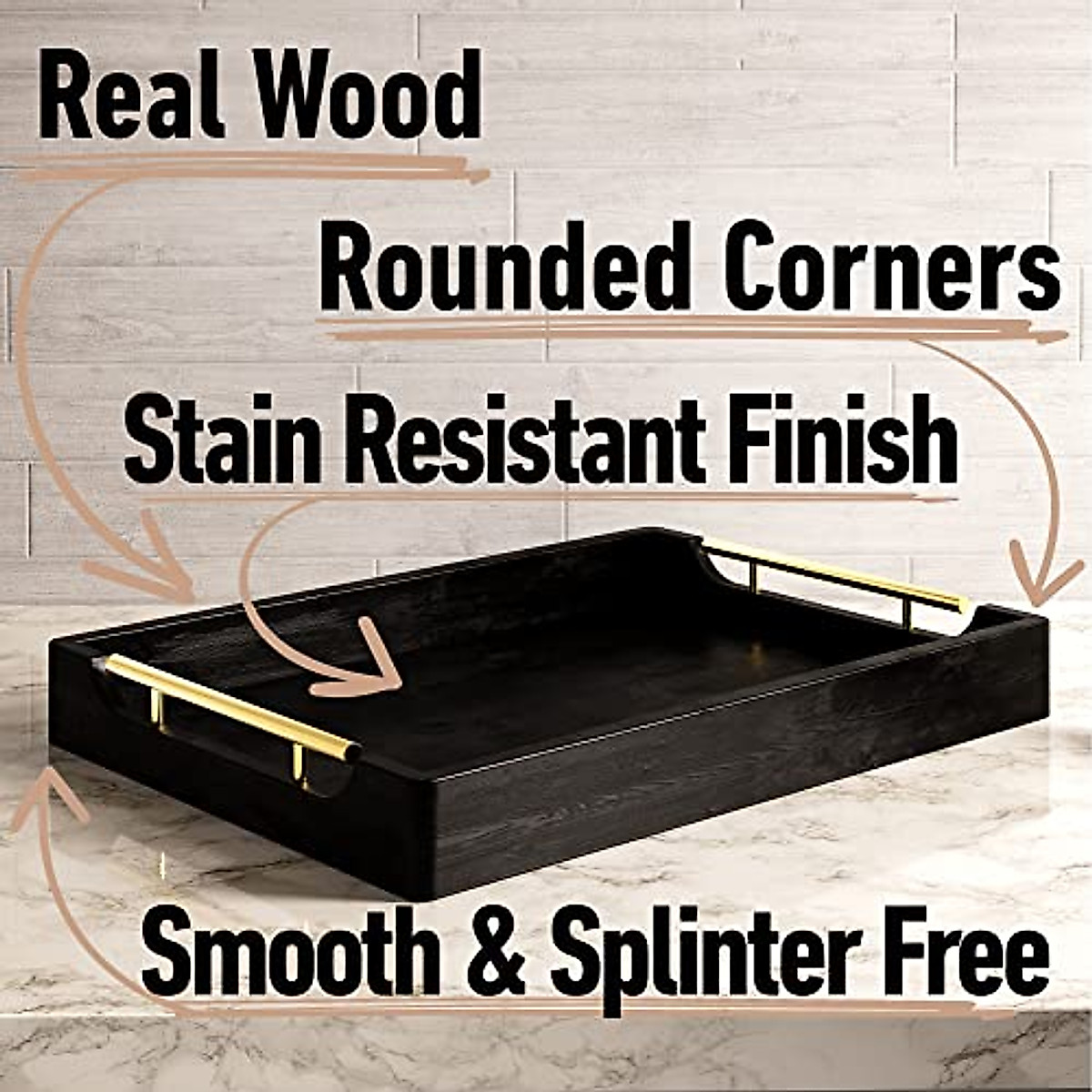 Black Coffee Table Tray 16.5" x 12" - Real Wood Ottoman Tray for Living Room - Serving Tray with Handles - Decorative Trays for Coffee Table - Decorative Tray for Ottoman - Black Tray for Coffee Table