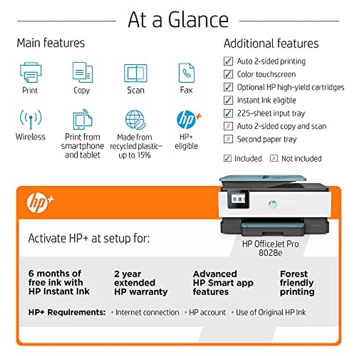 HP OfficeJet Pro 8028e All-in-One Wireless Color Inkjet Printer, Print Copy Scan Fax for Home Office Use, 20 ppm, Auto Duplex, 2.7" Color TS, Wi-Fi, Lanbertent Printer Cable