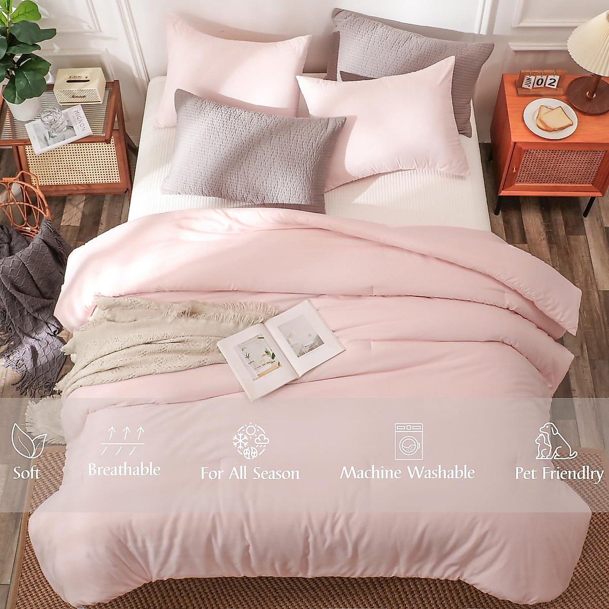 HAOWANER Handcrafted Non-Migrating Fill Light Pink Comforter Full Size Comforter Set, Pink Full Size Comforter Set, Full Bed Comforter Full Size Pink Comforter Set Full, Girls Comforter Sets Full