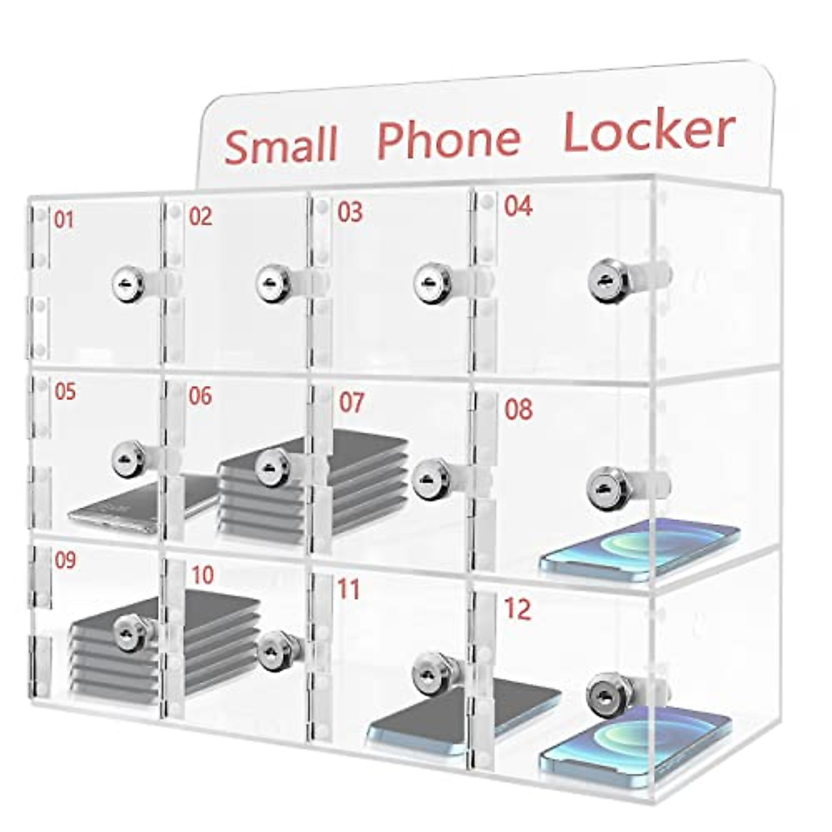 HaroldDol 12 Slots Acrylic Clear Cell Phone Locker Box with Door Locks and Keys, Wall-Mounted Cell Phones Storage Cabinet Pocket Storage Locker Box for Classroom Office (12 Slots)