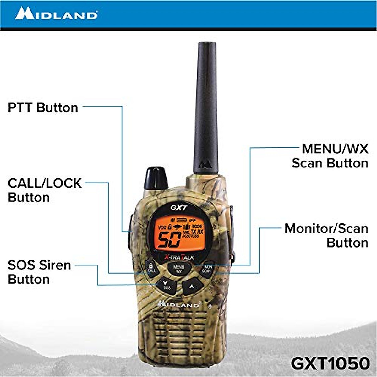 Midland GXT1050VP4 Long Range Walkie Talkie - 50 Channel GMRS Two Way Radio (Mossy Oak Camo, 4 Radios)