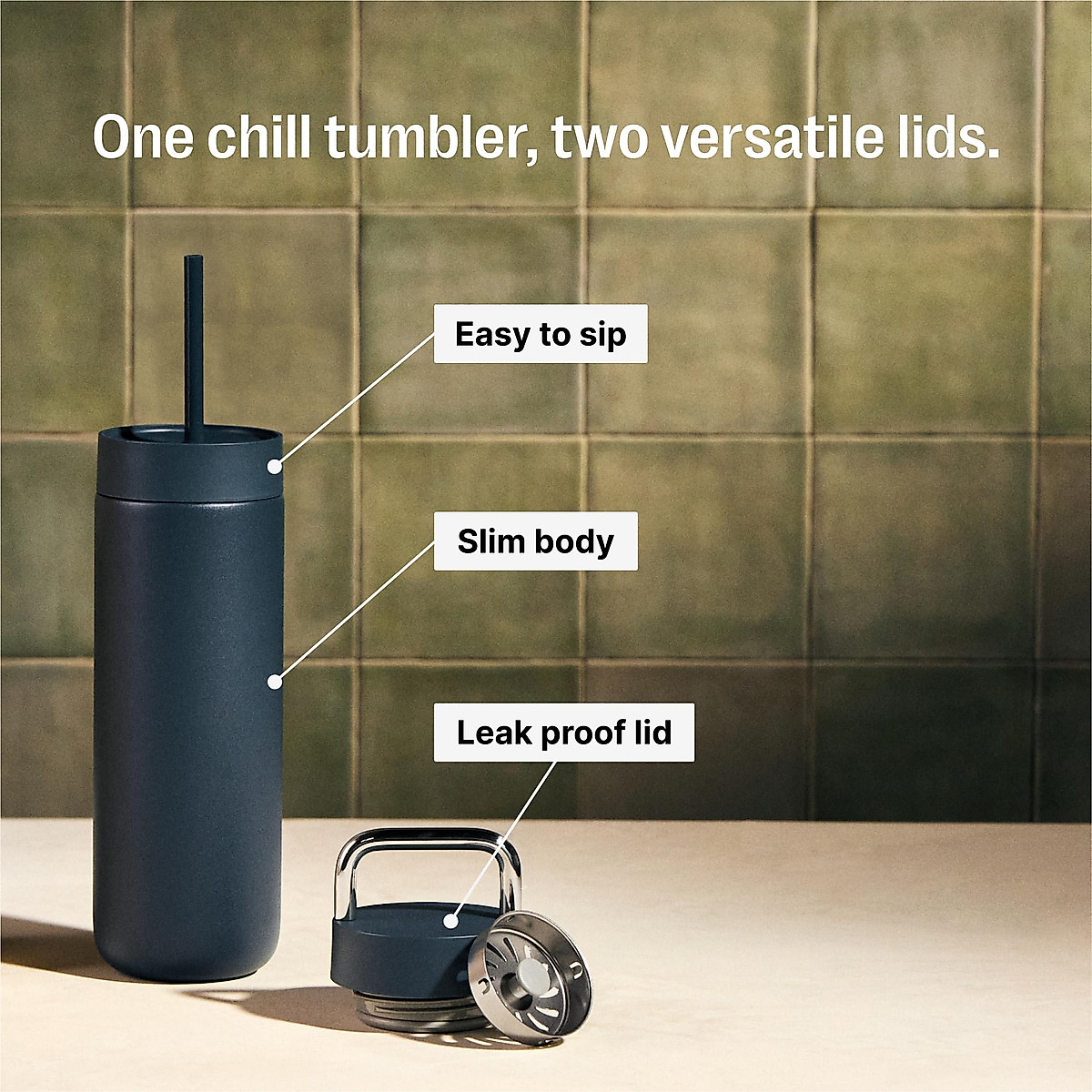 Fellow 20 oz Carter Water Bottle with 2 Lids - Leak-Proof Lid with Metal Handle - Cold Lid with Straw - Ceramic Interior & Vacuum-Insulated Stainless Steel - Stone Blue