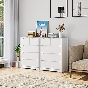 HOSTACK Modern 5 Drawer Dresser, Chest of Drawers with Storage, Wood Clothing Organizer with Cut-Out Handles, Accent Storage Cabinet for Living Room, Bedroom, Hallway, White