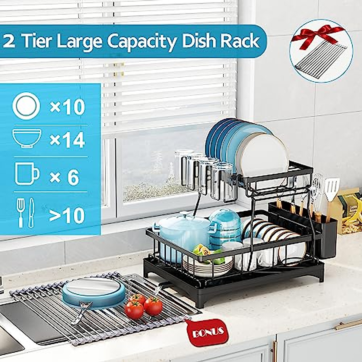 Dish Drying Rack Large Dish Rack, 2 Tier Dish Racks for Kitchen Counter, Extra Roll-Up Kitchen Sink Drying Rack, Rustproof Stainless Steel Dish Drainer with Drainboard Set Utensil Holder Cup Rack