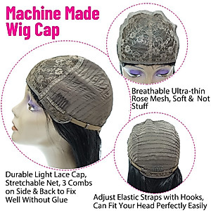 Glowig Straight Human Hair Wigs With Bangs Brazilian Virgin None Lace Front Wigs Glueless Machine Made For Women Wigs (150% Density,Natural Black, 16 inch)