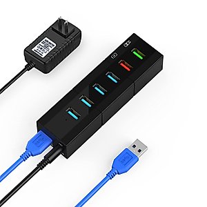 Powered USB 3.0 Hub, K&ZZ 6-Port USB Hub Splitter with 4 Faster Data Transfer Ports + 2 Smart Charging Ports, Multiport USB Hub 3.0 Powered for Mac, PC, Laptop, Black