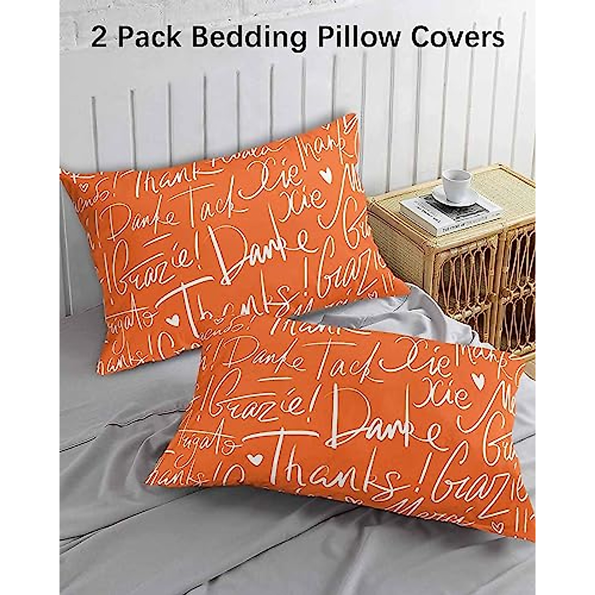 Edwiinsa Orange Pillow Covers Standard Size Set of 2 Bed Pillow, Farmhouse Modern White Thanks Words Plush Soft Comfort for Hair/Skin Cooling Pillowcases with Envelop Closure 20''x26''