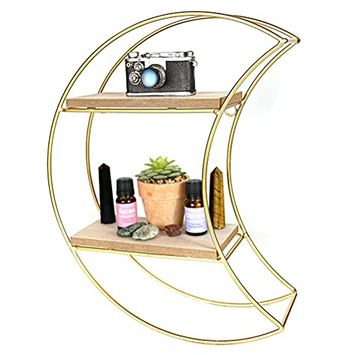 Crescent Moon Shelf for Crystals,Gold Shelf,Crystal Shelf for Wall Decor, Gold Floating Shelves, Moon Shelf Crystal Wall Decor, Moon Decor,Stones Essential Oil, Wooden Shaped Crystal Display Shelf.