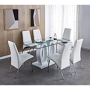 Modern Tempered Glass Dining Table for 6 Persons, 63'' Rectangilar Dining Room Table with Dual O-Shaped High Glossy Wood Base, Elegant Kitchen Table Versatile Glass Table for Home (White)