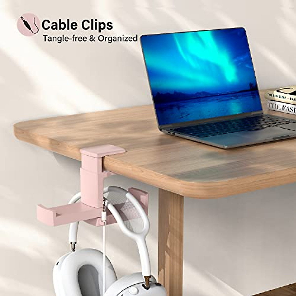 Dual Headphone Stand Holder - EURPMASK 2 in 1 PC Gaming Headset Hooks, 360 Degree Rotating Headphone Hanger with Adjustable Clamp & Cable Clip Organizer, Headset Mount Under Desk Earphone Clamp-Pink