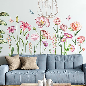 Amaonm Removable Fresh Flower and Flying Butterfly Dragonfly Wall Sticker Blue Pink Lily Poppy Peony Floral Wall Decal DIY Peel and Stick Grass Plants Wall Decor for Girls Baby Bedroom Nursery Living