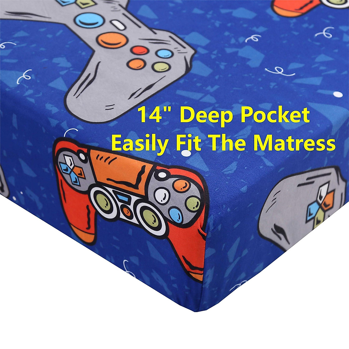 SDIII 4PCS Blue Gamer Sheets Set Full, Bed in a Bag Gaming Bedding Sheet Full, Wrinkle and Fade Resistant, Cute Bedding Sheets for Kids, Boys and Girls, Full