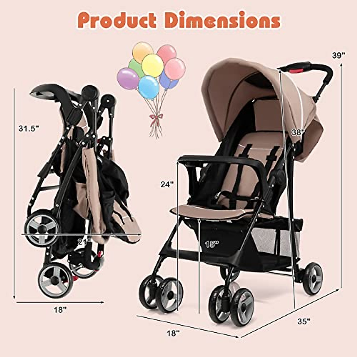 HONEY JOY Lightweight Stroller, Compact Travel Stroller for Airplane, Toddler Fold Pushchair w/Adjustable Canopy & Backrest, Storage Basket, Umbrella Stroller for Infants (Coffee)