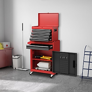 Goplus Tool Chest, 5-Drawer Rolling Tool Storage Cabinet with Detachable Top Tool Box, Liner, Universal Lockable Wheels, Adjustable Shelf, Locking Mechanism, Metal Tool Cart for Garage Workshop