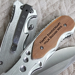 Anniversary Gift For Men Custom Engraved I Love You More Wood Handle Folding Pocket Knife (Stainless Steel)