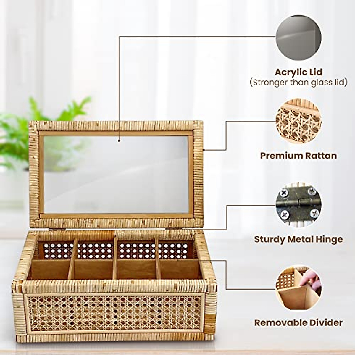 OTOKOHM Rattan Decorative Box With Lid & Removable Divider - Decorative Boxes For Home Decor - Boho Decor Display Box - Decorative Storage Boxes With Lids - Rattan Box With Lid Set of 2