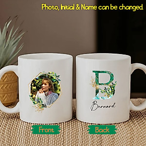 Personalized Ceramic Mug with Add Photo Custom Name Green & Gold Leaf for Women, Customized Coffee Mug Cup 11oz 15oz Gift for Special Day, White Mugs Custom Letter Alphabet Initial for Wife/Mom