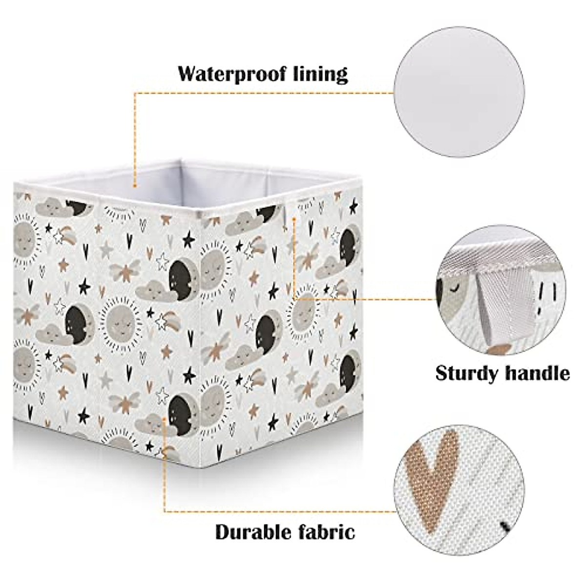 Cute Moon Sun and Stars Foldable Cube Storage Bins, 11 x 11 x 11 inches, Fabric Storage Baskets Bins for Nursery,Closet Shelf,Home Organization