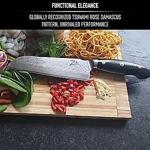 Zelite Infinity 7 Inch Santoku Knife - Japanese Chef Knife with Deep 53mm Blade; Japanese AUS-10 Super Steel 45-Layer Damascus Kitchen Knife with Tsunami Rose Damascus Pattern - Luxurious Gift Box
