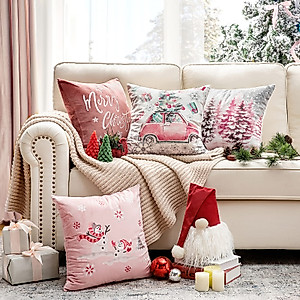 Phantoscope Set of 4 Merry Christmas Decorative Print and Embroidery Velvet Throw Pillow Covers Snowman, Star, Snowflake, Tree Cushion Cover, Pink, 18 x 18 inches, 45 x 45 cm