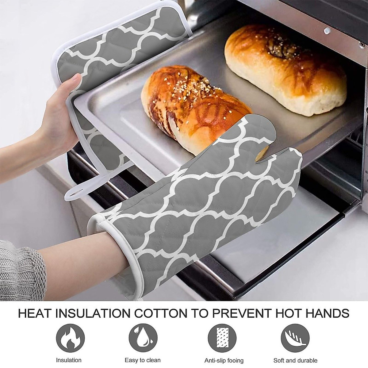 2Pcs Oven Mitts and Pot Holders Set, Classic Quatrefoil Pattern Grey and White Oven Mitts Gloves Set Heat Resistant Hot Pads for Kitchen Cooking Grill