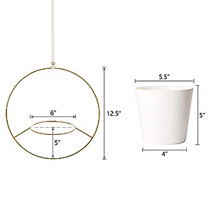 Mkono Boho Hanging Planter, Set of 2 Round Metal Plant Hanger with Plastic Plant Pot, Modern Wall and Ceiling Planter Mid Century Flower Pot Holder, Fits 6 Inch Planter (Pots Included), Gold