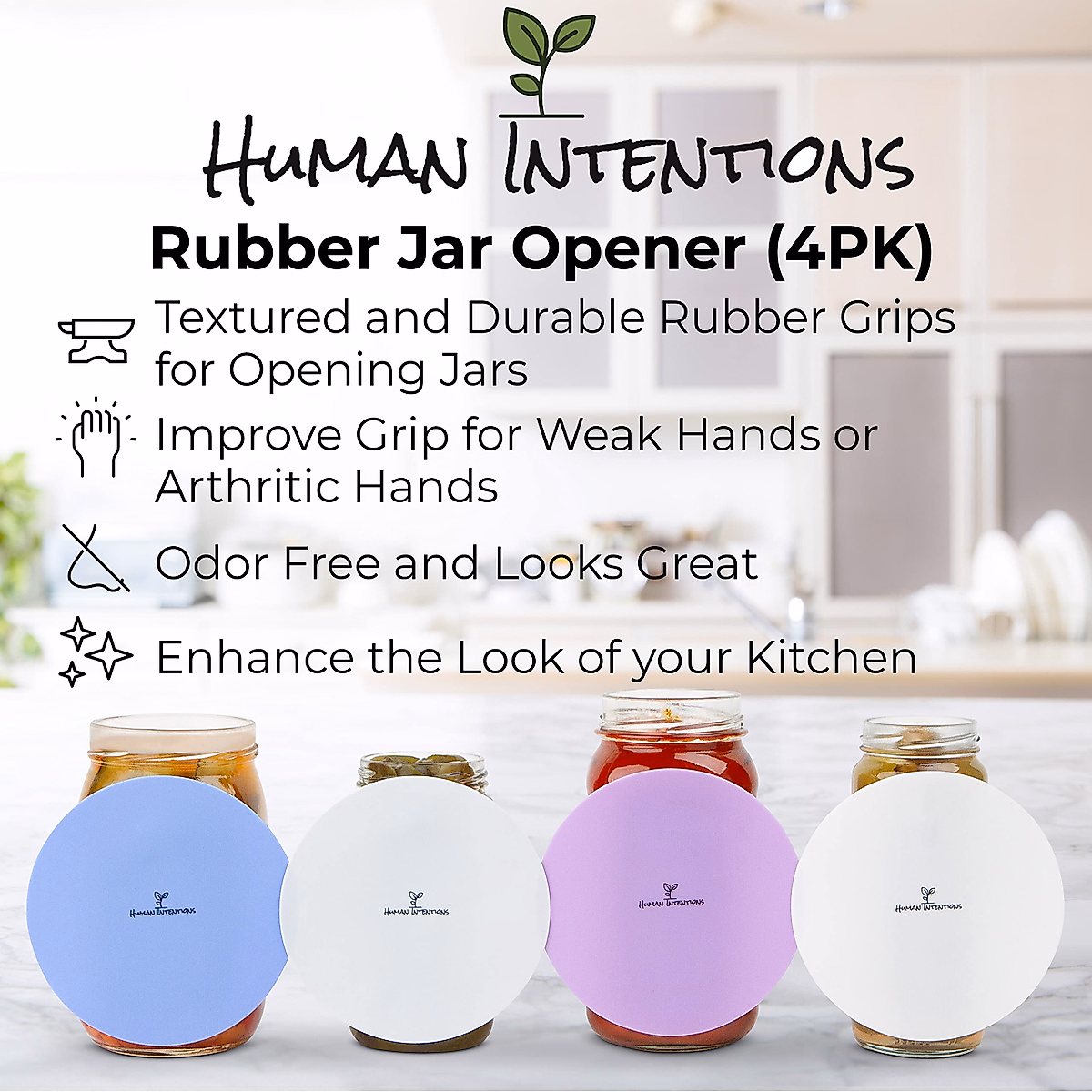 Human Intentions Jar Opener (4PK) - Rubber Jar Gripper for Weak Hands - Bottle Opener for Arthritic Hands - Jar Opener Gripper Pad - Lid Opener Non Tear - Coaster - Trivet
