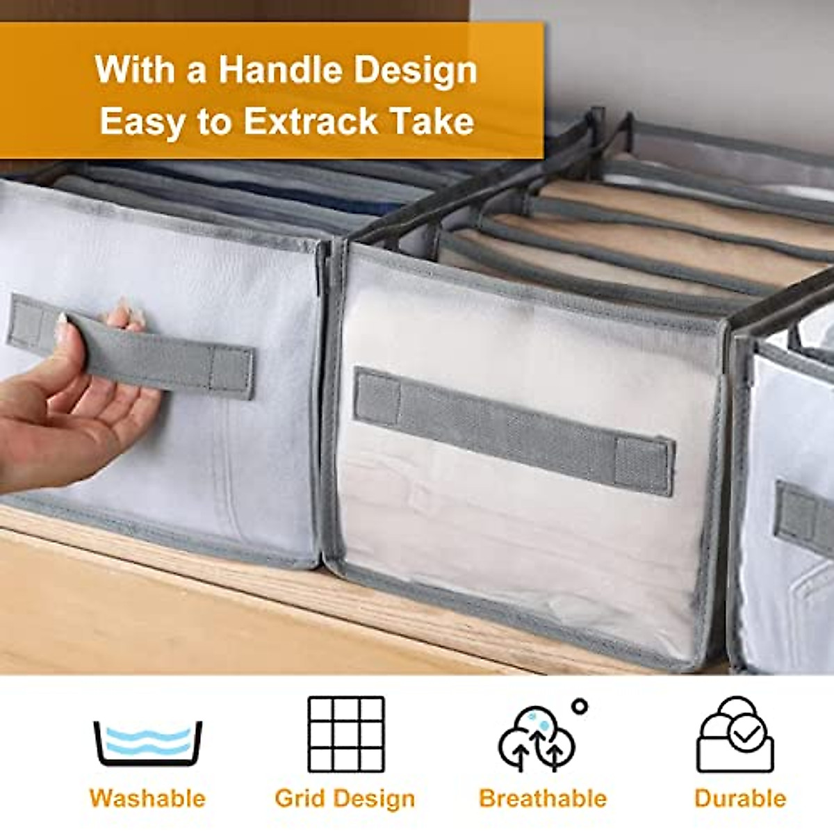 2PCS Upgrade Wardrobe Closet Organizers，7&9-Grids Washable Clothes Organizer with Handles for Jeans，Folded Clothes Organizer Nylon Compartments Storage Bins