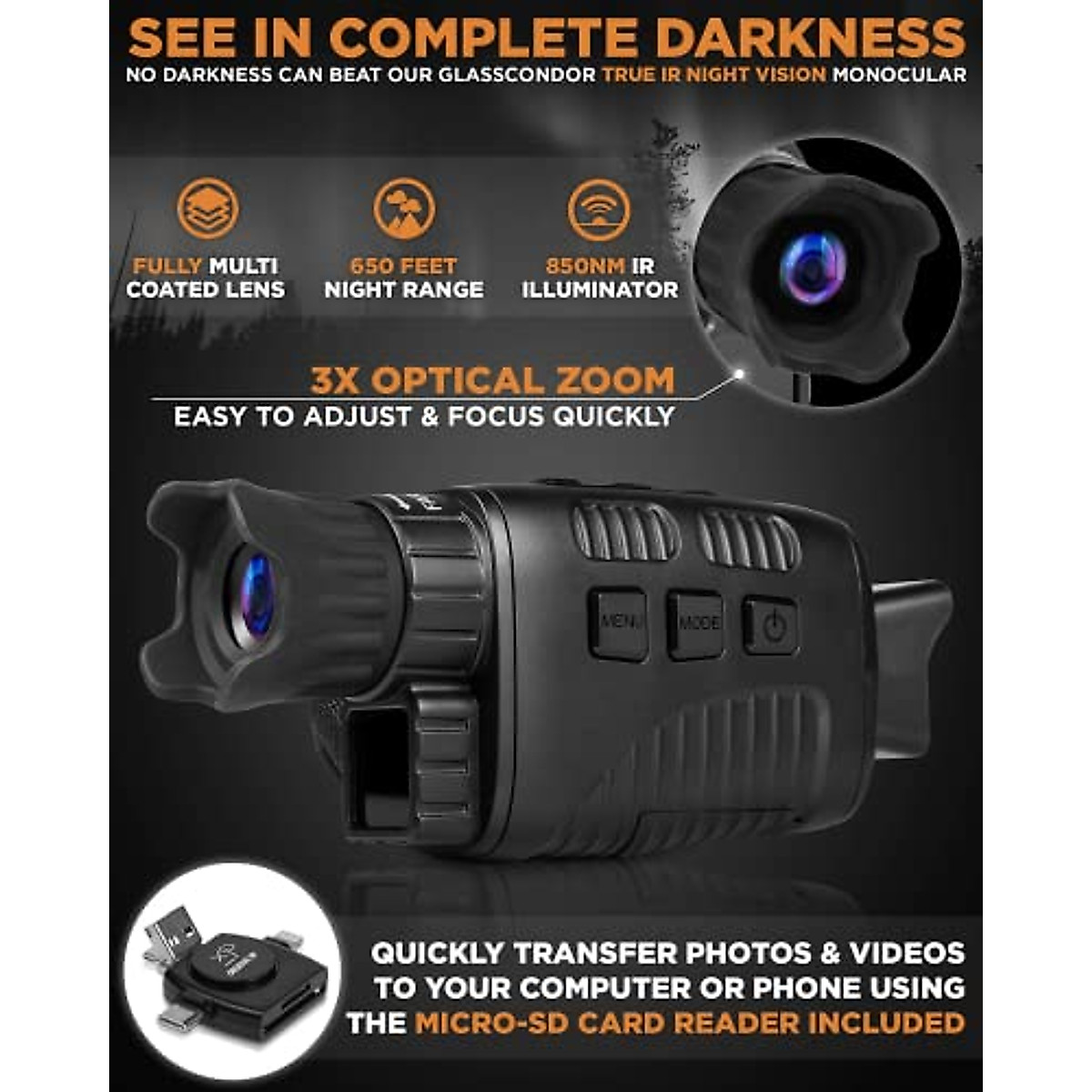 CREATIVE XP Night Vision Monocular for Hunting & Surveillance w/Card Reader - Infrared Monoculars - Black