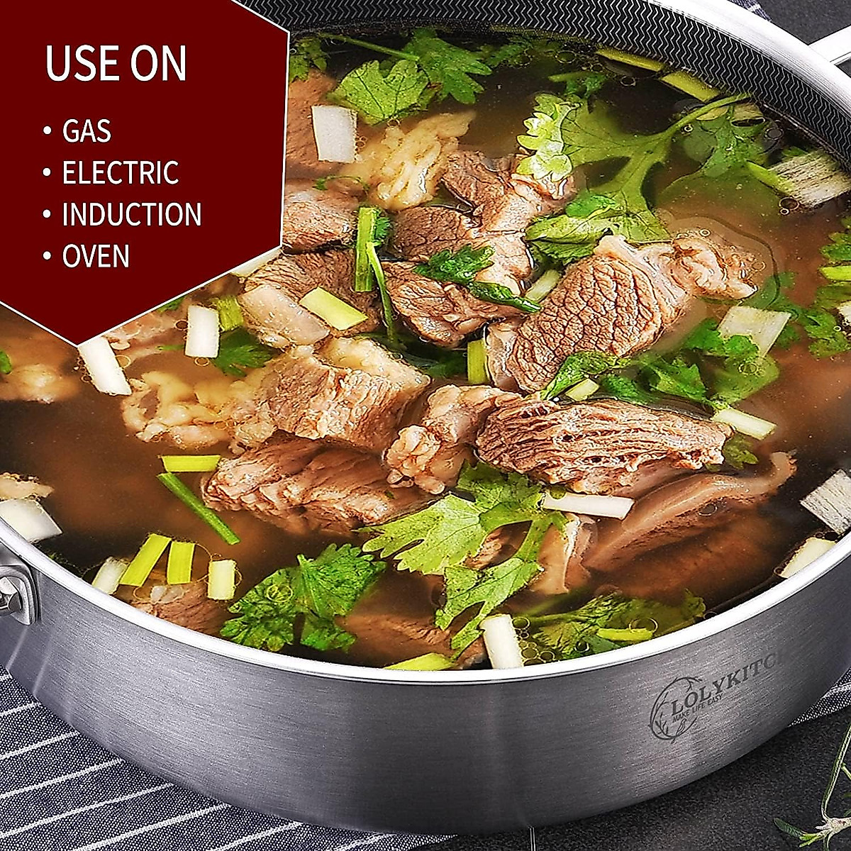 LOLYKITCH 5.5 Quarts Hybrid Tri-Ply Stainless Steel Non-Stick Deep Frying Pan,Sauté Pan with lid,Induction Large Pan, Jumbo Cooker,Heavy Duty & Oven Safe.