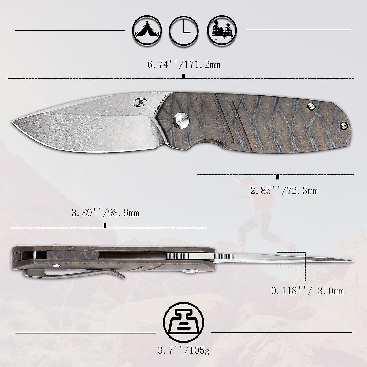 KANSEPT Turaco Pocket Folding Knives for Men EDC Camping Folding Knife 2.85'' CPM-S35VN Material Pocket Folding Knife with Tiger Stripe Flamed Titanium Handle Everyday Carry K2049A4