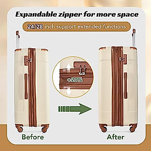 Merax Suitcases With Wheels Hardside Luggage Sets 3 Piece, Expandable And Lightweight, Travel Suitcases For Woman And Man (White Brown)