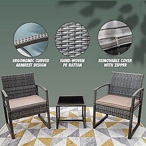 Pyramid Home Decor Vesso 3-Piece Outdoor Patio Furniture Set, Patio Rattan Chair Set, Modern Bistro Set with Coffee Table, Garden Balcony Backyard Poolside, Coffee