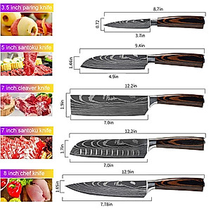 KEPEAK Kitchen Knife Set 5 piece, Chef Knife Santoku Cleaver Paring Knives High Carbon Steel, Pakkawood Handle for Vegetable Meat Fruit