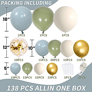 Sage Green Blue Balloons Garland kit, 138pcs Dusty Blue Sand White and Gold Balloons for Boys Baby Shower Wedding Birthday Jungle Safari Woodland Wild One Party Decorations………