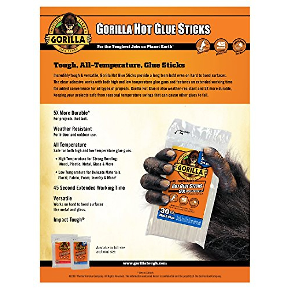 Gorilla Hot Glue Sticks, Mini Size, 8" Long x .27" Diameter, 25 Count, Clear, (Pack of 3)