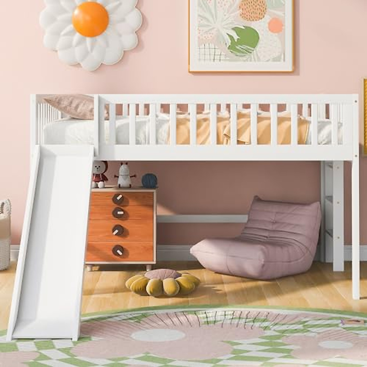 HBRR Full Size Loft Bed with Slide, Wood Low Loft Bed Frame with Ladder & Safety Guardrail, for Kids Boys Girls, White