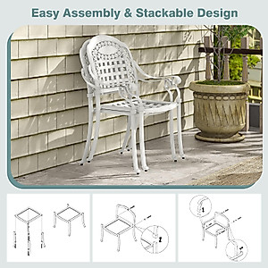 Giantex Stackable Outdoor Chairs Set of 2, All Weather Cast Aluminum Patio Chairs for Lawn Porch Garden Yard, Bistro Dining Chairs with Armrests, Adjustable Foot Pads, Easy Assembly (1, White)