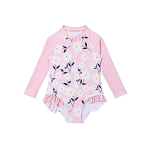 SweatyRocks Girl's Cute Floral Print Long Sleeve Mock Neck Zip Front One Piece Monokini Swimsuit Blue 6Y