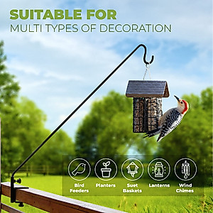 Idzo Deck Bird Feeder Hanger for Railing, 43in Deck Hook for Bird Feeder Pole, Sturdy 1 Piece Solid Steel Construction, 3in Non-Slip Clamp, Black