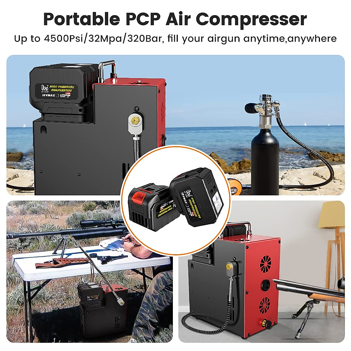 GX PUMP PCP Air Compressor L3 4500Psi/320Bar/32Mpa,PCP Compressor with Dual 18V Lithium Batteries,Set Pressure & Auto-Shutoff,Paintaball Air Compressor Built-in Oil-Water Separator&Cooling Fan