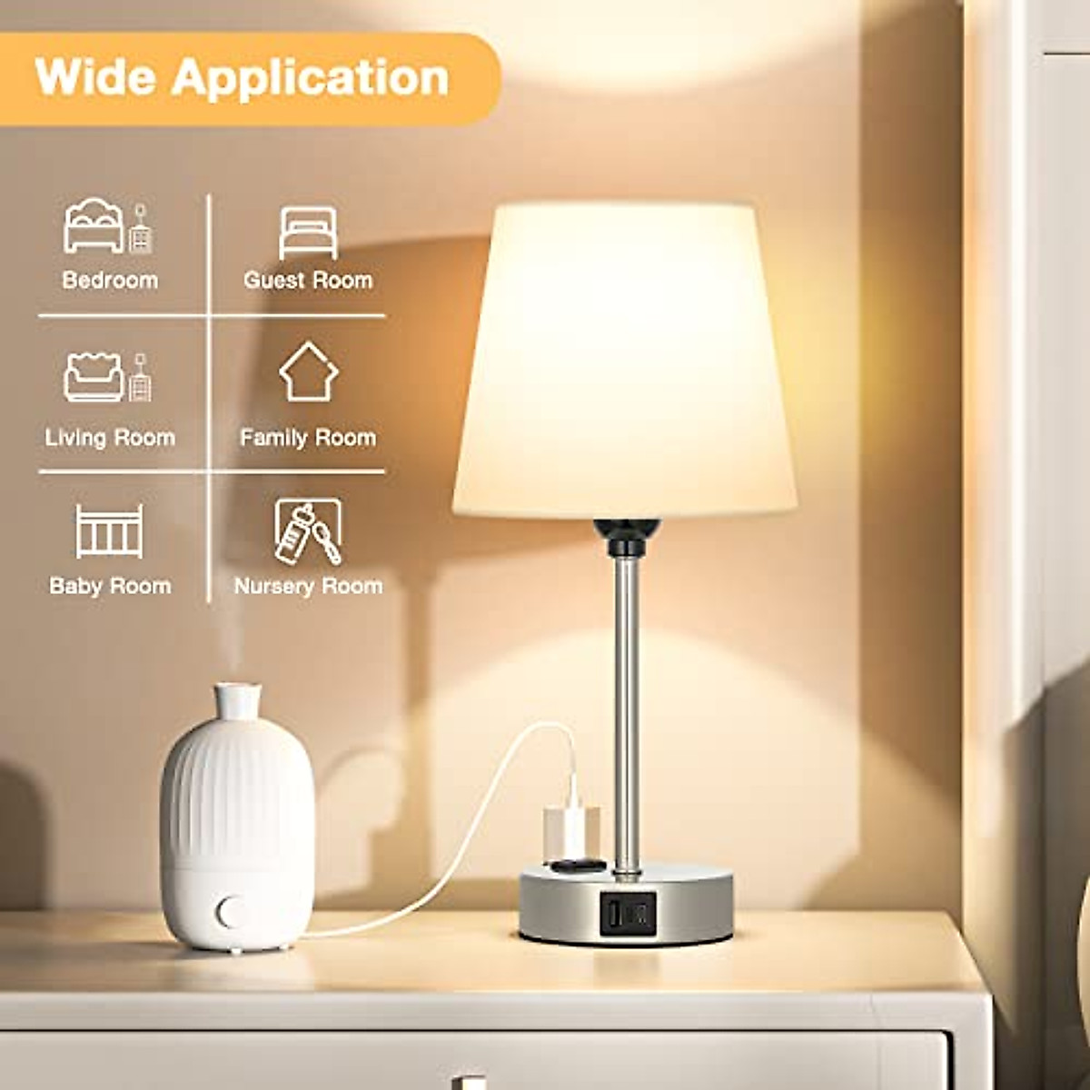 Table Lamps for Bedrooms Set of 2 Bedside - Nightstand Bedroom Lamp with USB C Port and AC Outlet Charging, Dimmable Touch Small End Side Lamp, White Night Stand Light for Kid/Guest Room/Living Room