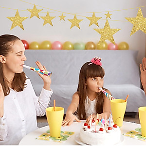 24pcs Gold Cardboard Stars Shining Cutouts Paper Stars Glitter Hanging Stars Decorations Confetti Cutouts Star Wall Decor 6/12/20/30cm & 50m Hanging Line for Valentine's Day Movie Night Party Decor