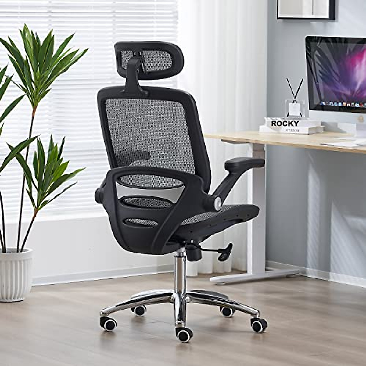 Ergonomic Mesh Office Chair, High Back Computer Mesh Desk Chair with Adjustable 2D Headrest & Flip Up Arms, 135°Tilt Function, Mesh Seat, Breathable Swivel Executive Task Chair for Tall People